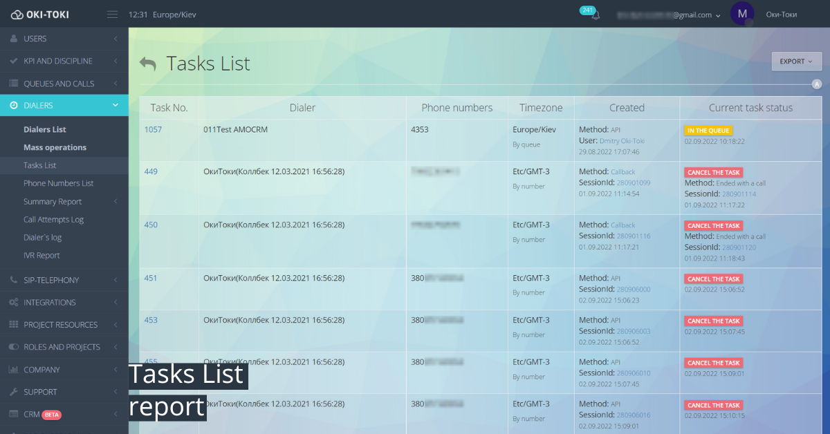 Call Report: Task List - Oki-Toki